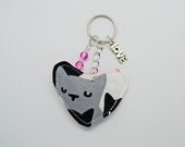 Items similar to Cat fabric heart key chain - pink heart key chain ...