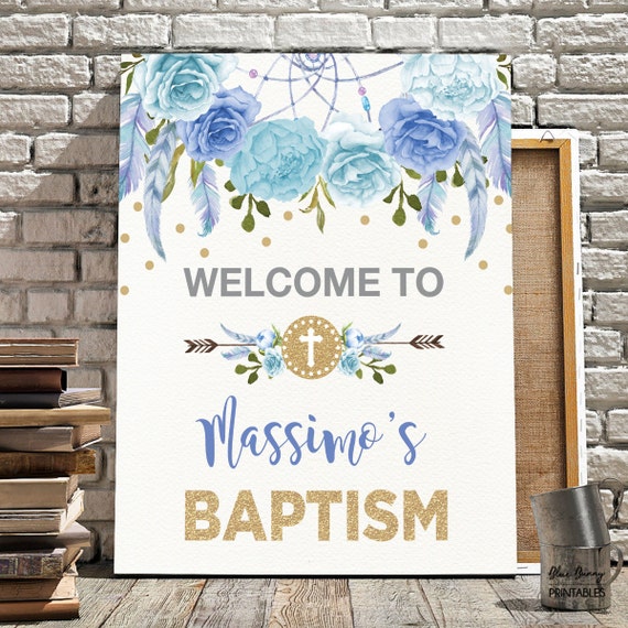 Boy Baptism Welcome Sign. Boho Baby Blue Gold Floral Welcome Sign ...