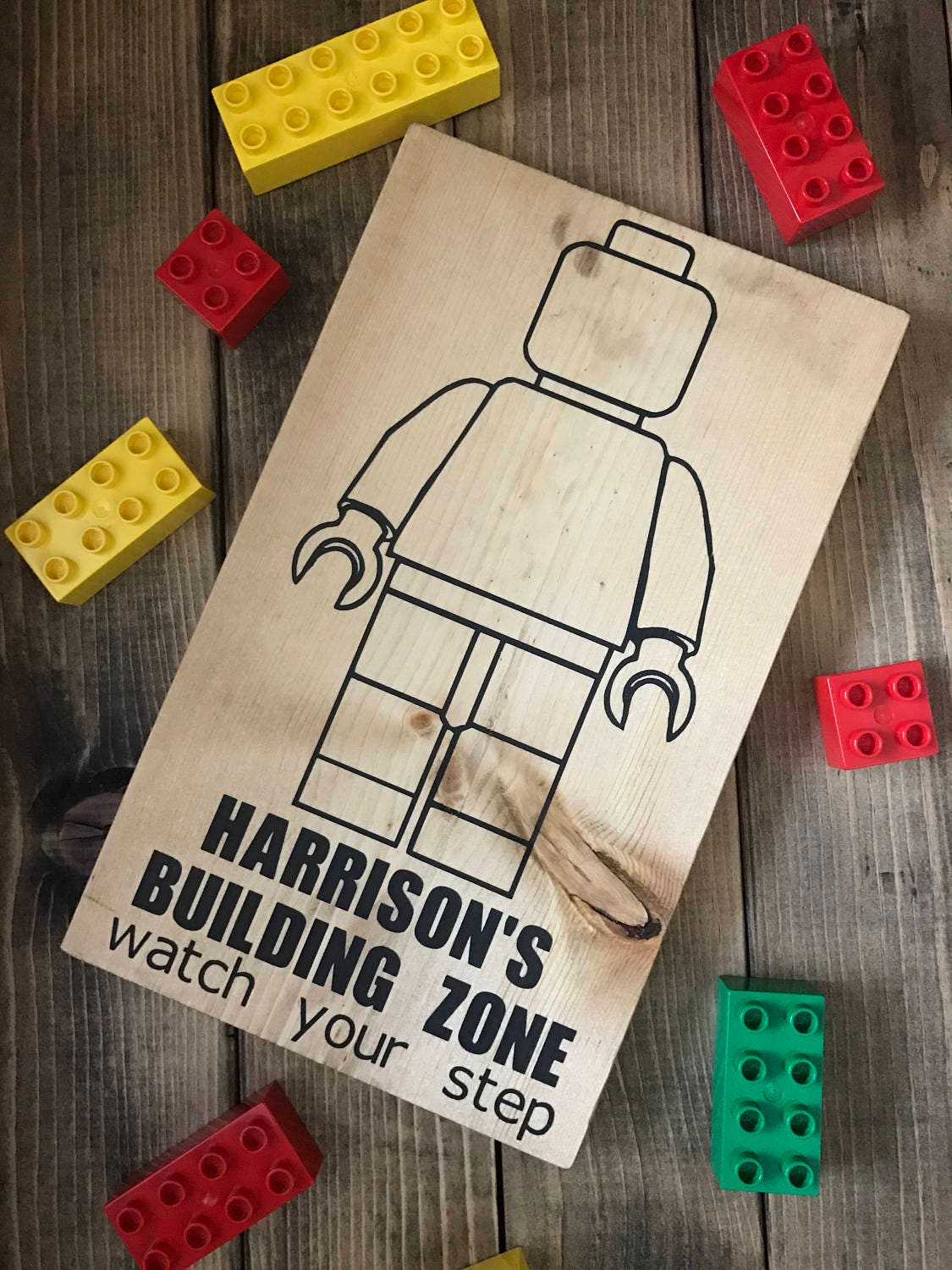 Lego Man Building Zone Watch Your Step Kids Wood Sign Golden