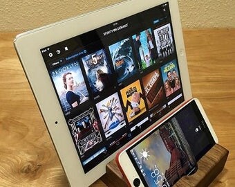 Items similar to Dual iPhone iPad Wood Desk Stand Holder, Smartphone ...