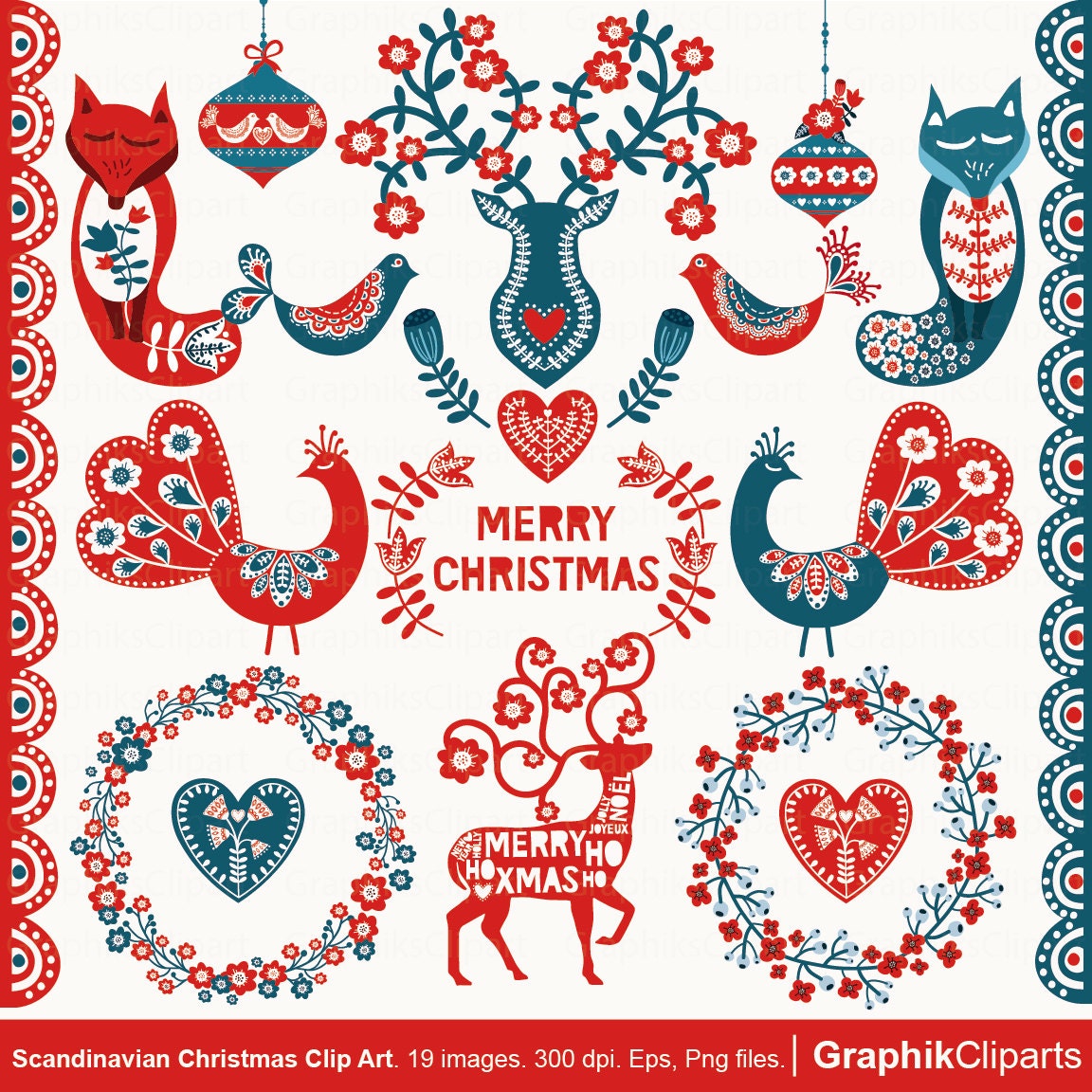 Scandinavian Christmas Clip Art. Vector Christmas Wreaths