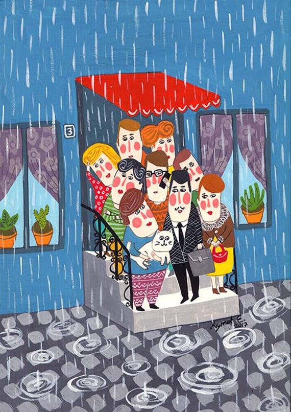Waiting for the rain to stop cute poster art illustration