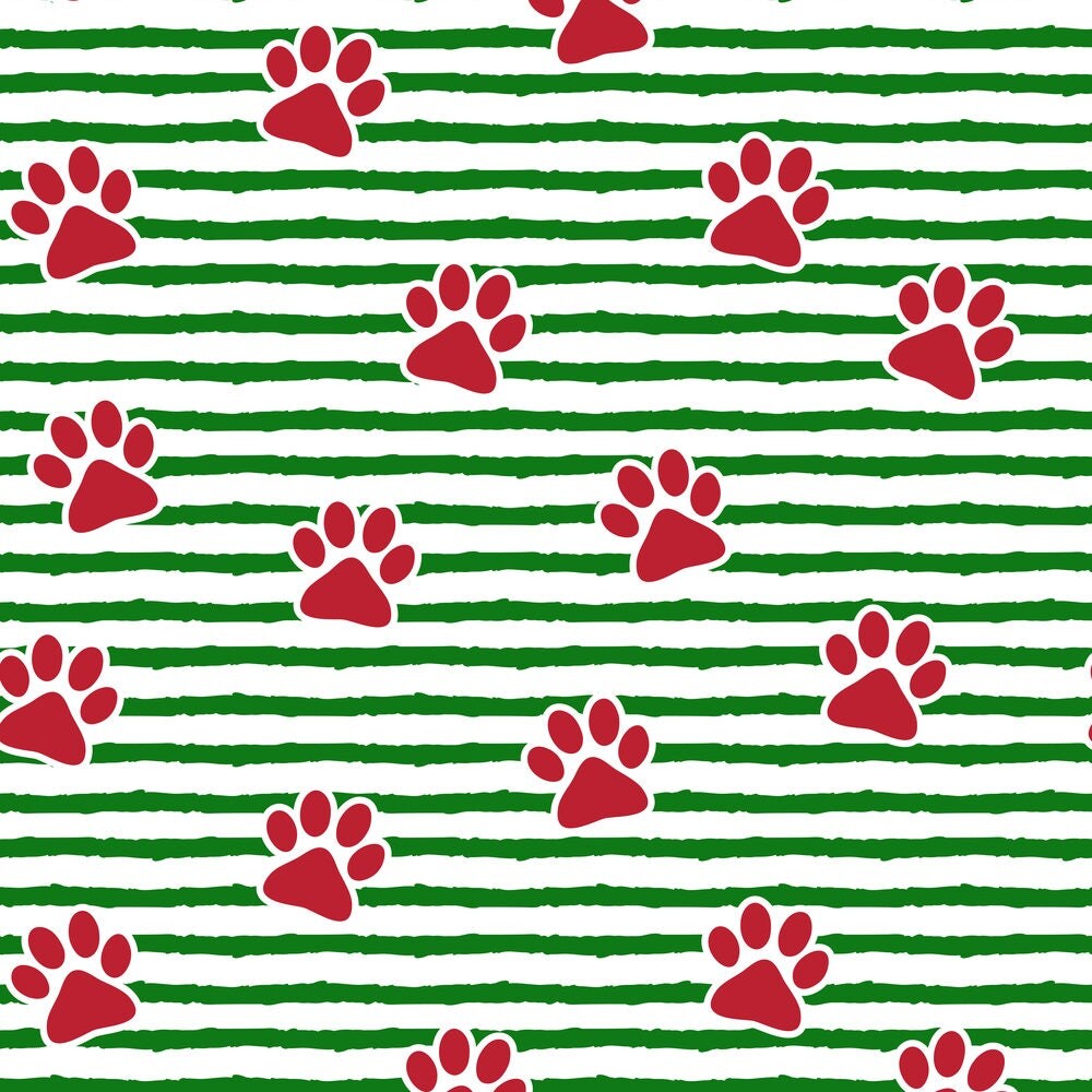 Christmas Paw Prints Fabric Paws On Stripes Green And Red