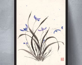 Orchid Splatter Flowers sumi-e watercolor painting 8x10