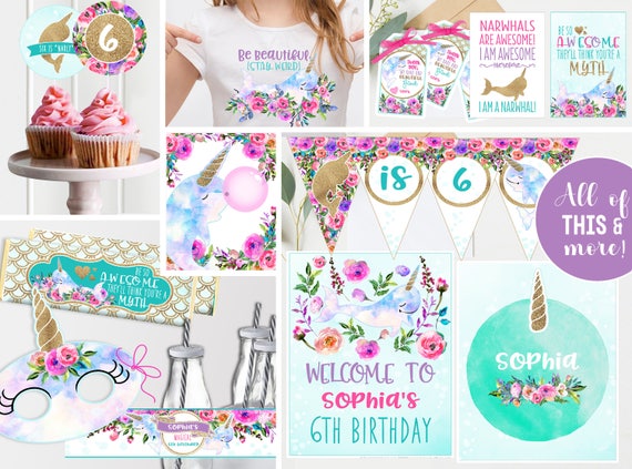 Narwhal Unicorn under the Sea Party Decor Purple Floral Gold