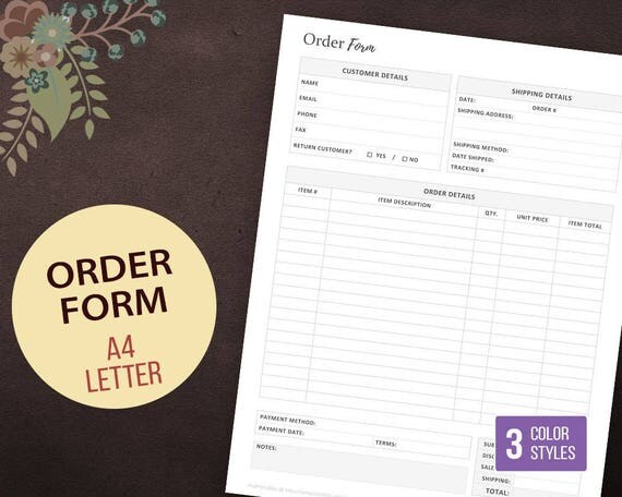 Order Form Printable Custom Order Form Business Planner