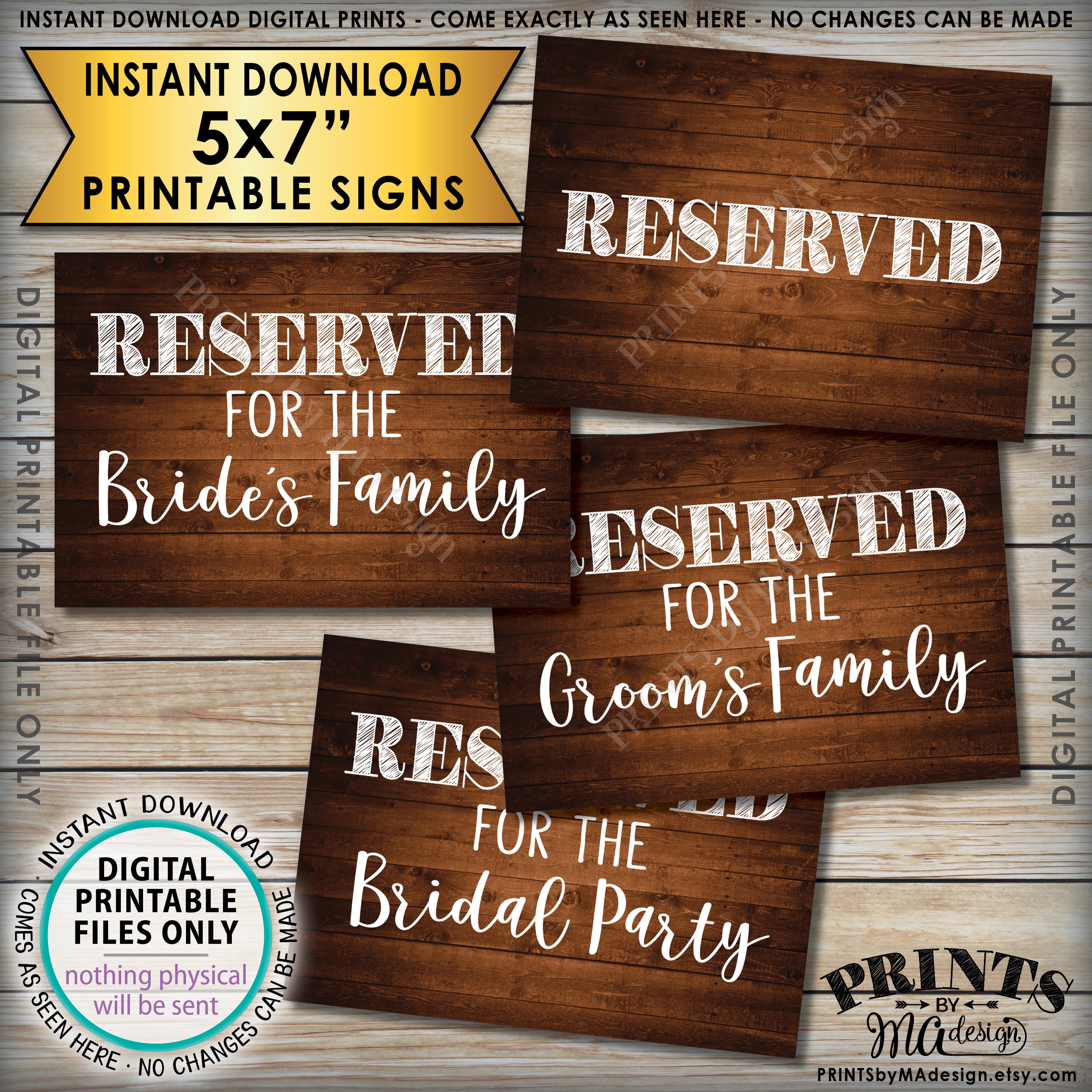 Reserved Signs, Wedding Reserved for Bridal Party Sign, Bride's Family ...
