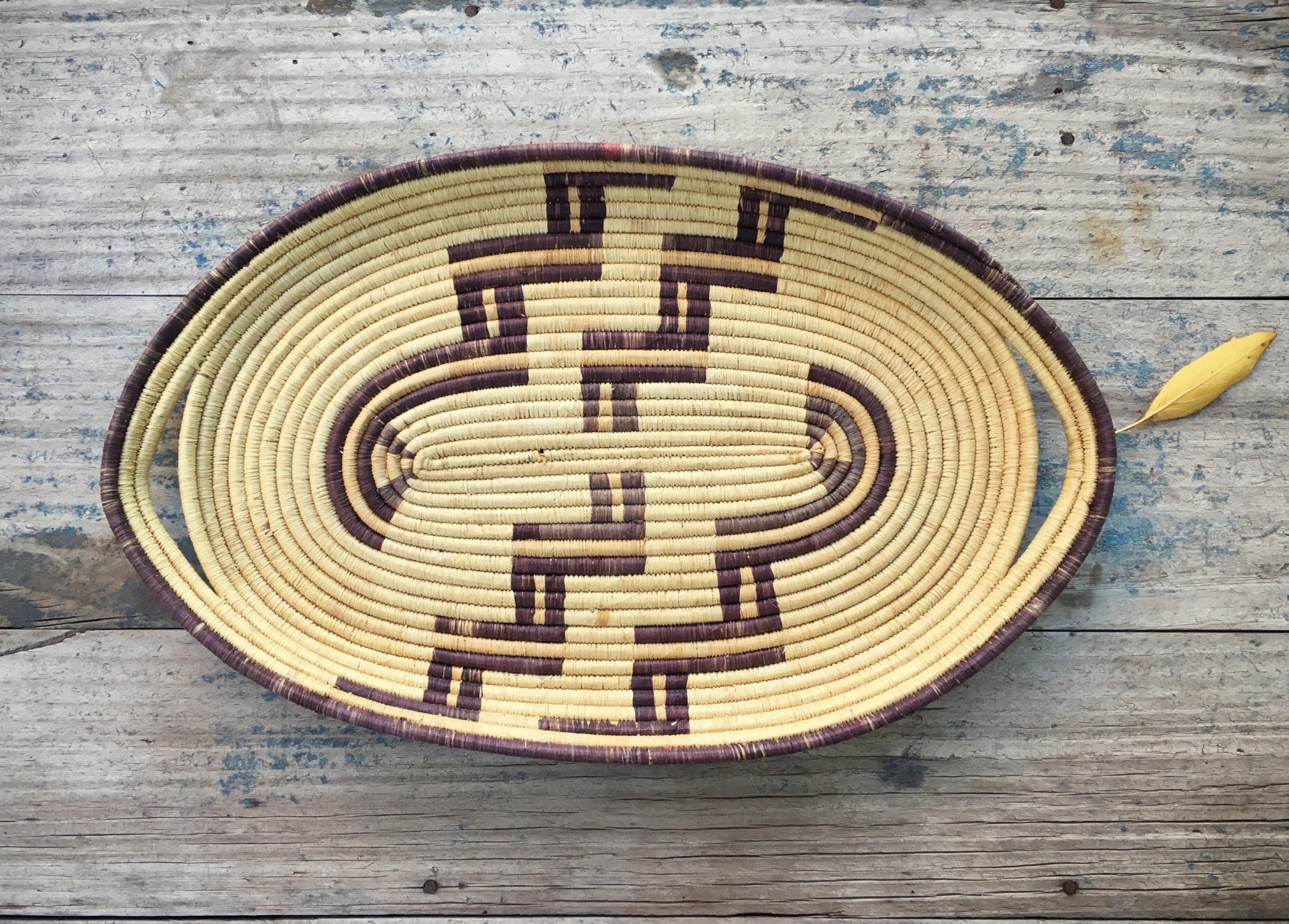 Vintage Shallow Basket Platter Woven Oval Coiled Raffia Earth Tone ...