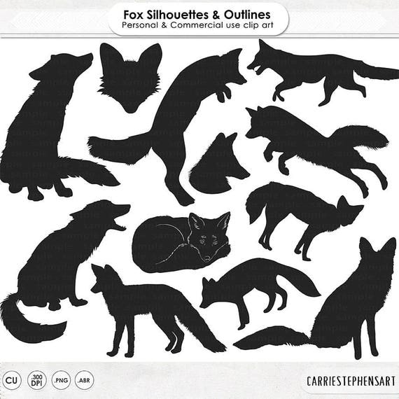 Fox Clip Art, Fox Digital Stamps. Fox Face Silhouette & Outlines ...