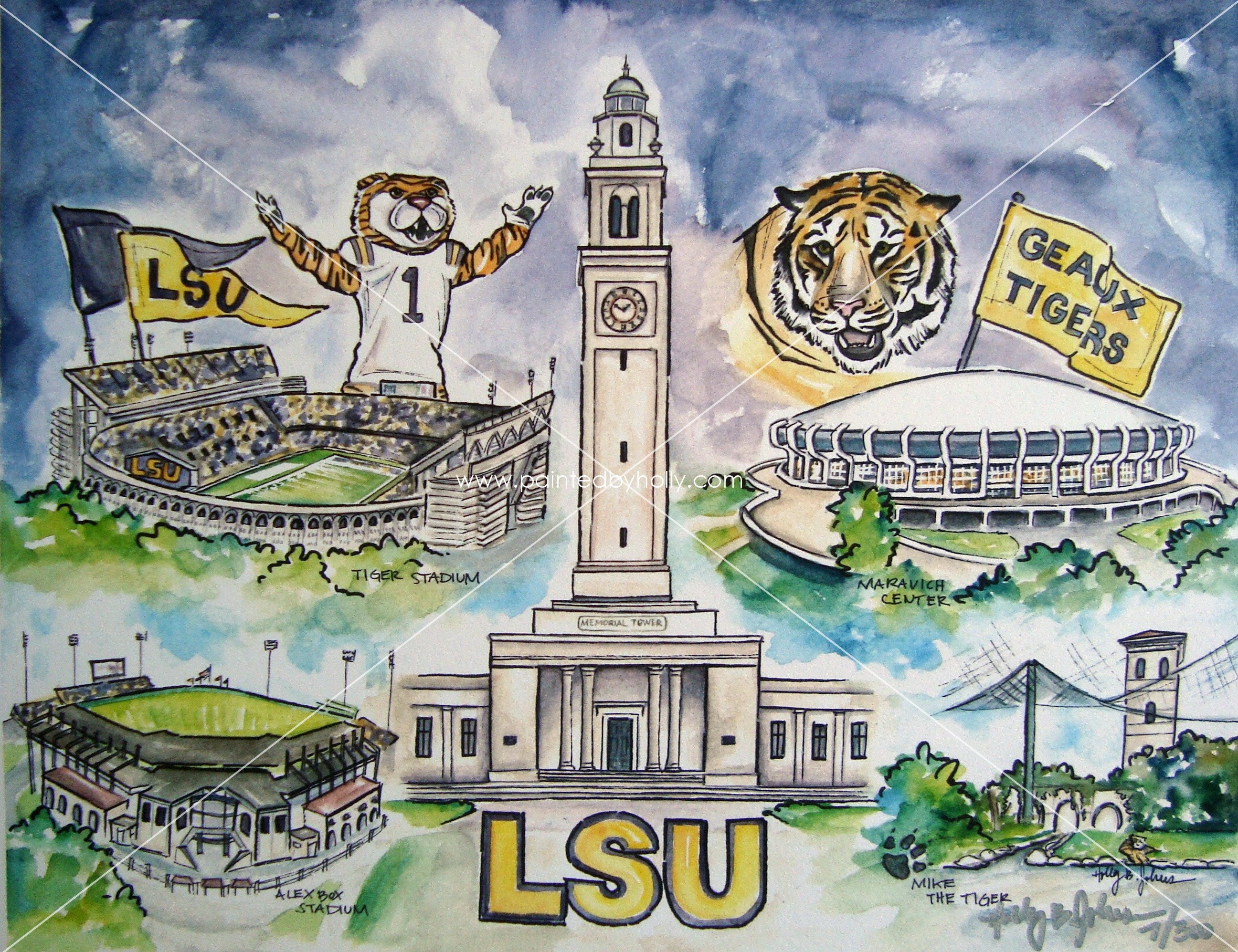 LSU Tigers Art Print // Geaux Tigers Watercolor Painting