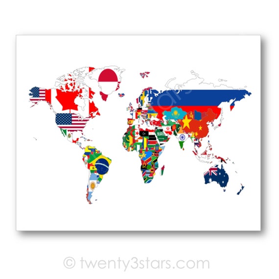 Flags of the World Map Poster World Map Flags Flag Map Art