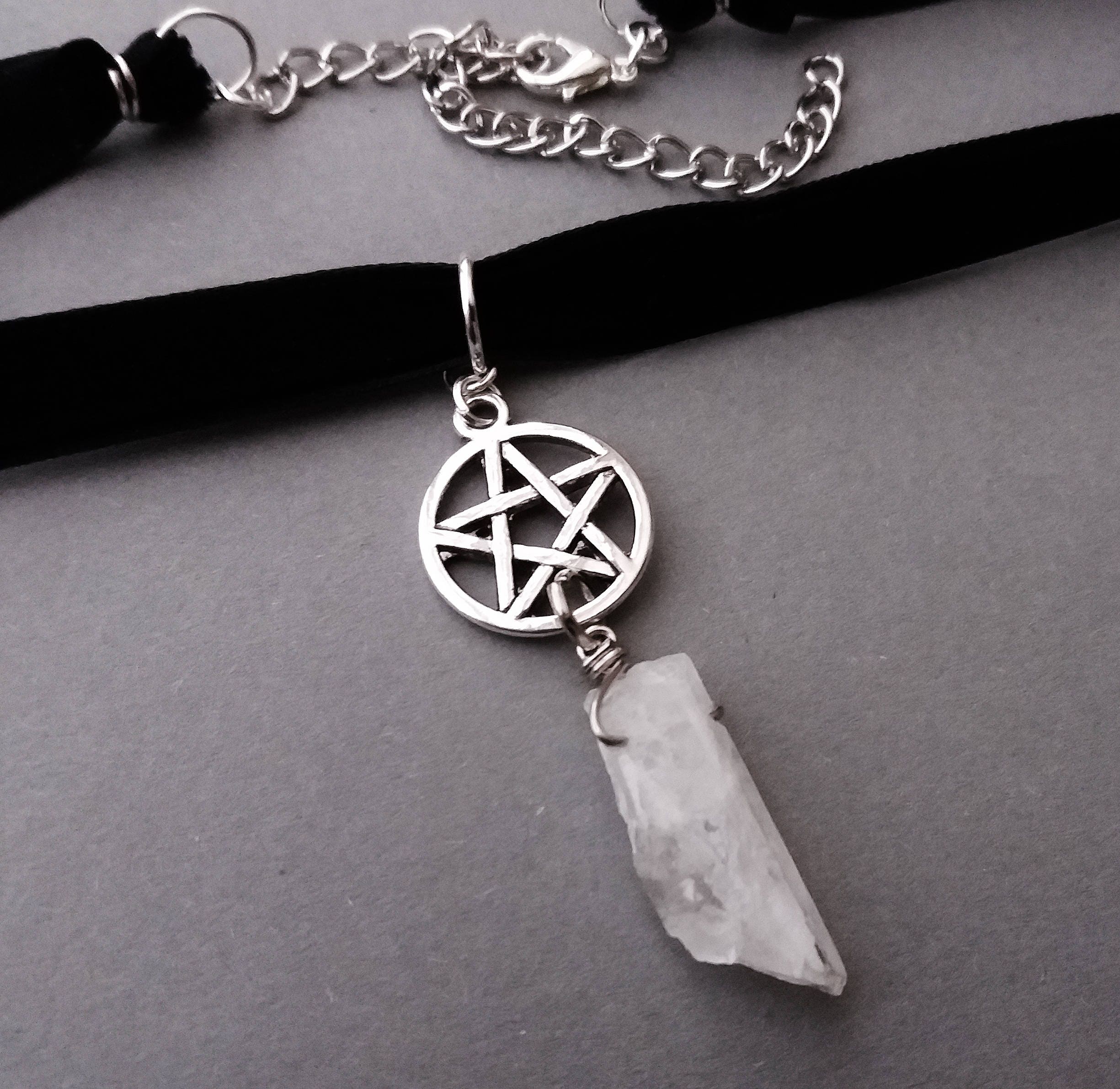quartz crystal choker pentagram choker crystal point