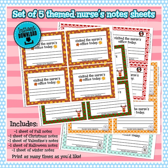 Set of 5 Themed School Nurse Notes Nurse Parent Notes School