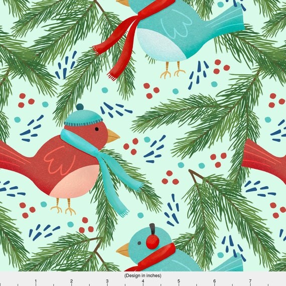 Holiday Birds Fabric Winter Birds On Green By Jaymehennel
