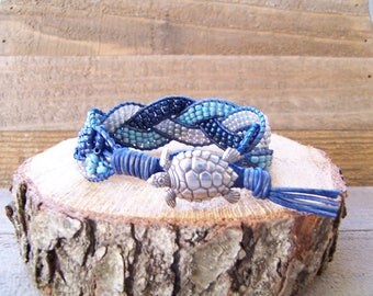Sea Turtle Beaded Braided Leather Wrap Cuff Bracelet Beaded