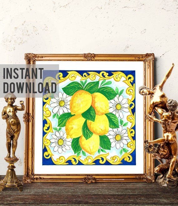 Printable ArtTraditional Italian Lemon and Daisy Watercolor