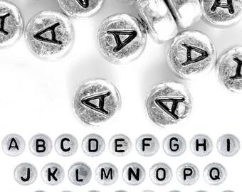 Alphabet Beads Silver Flat Round Black letters 200 pieces