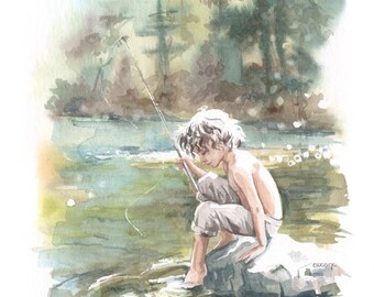 Boy fishing painting | Etsy