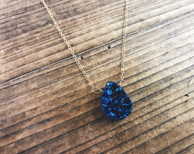 Featured listing image: Blue Drusy Necklace Gold PlatedChain Quartz Gold Necklace Handmade in ...