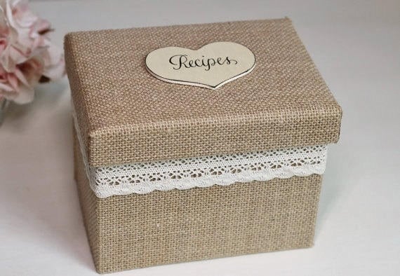 Recipe Box Personalized Burlap and Lace Wedding Gift Shower