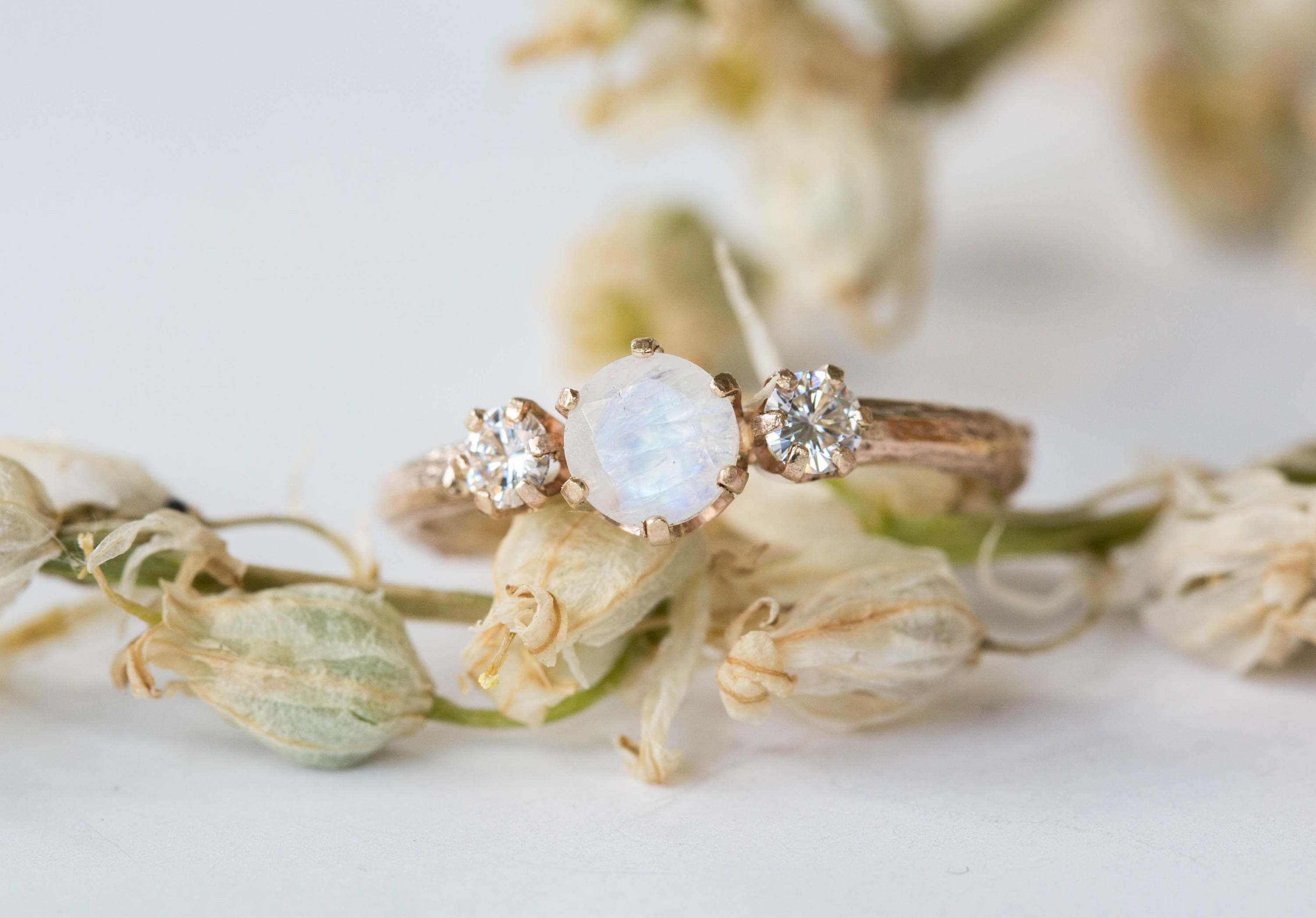 14k gold moonstone moissanite engagement ring twig nature