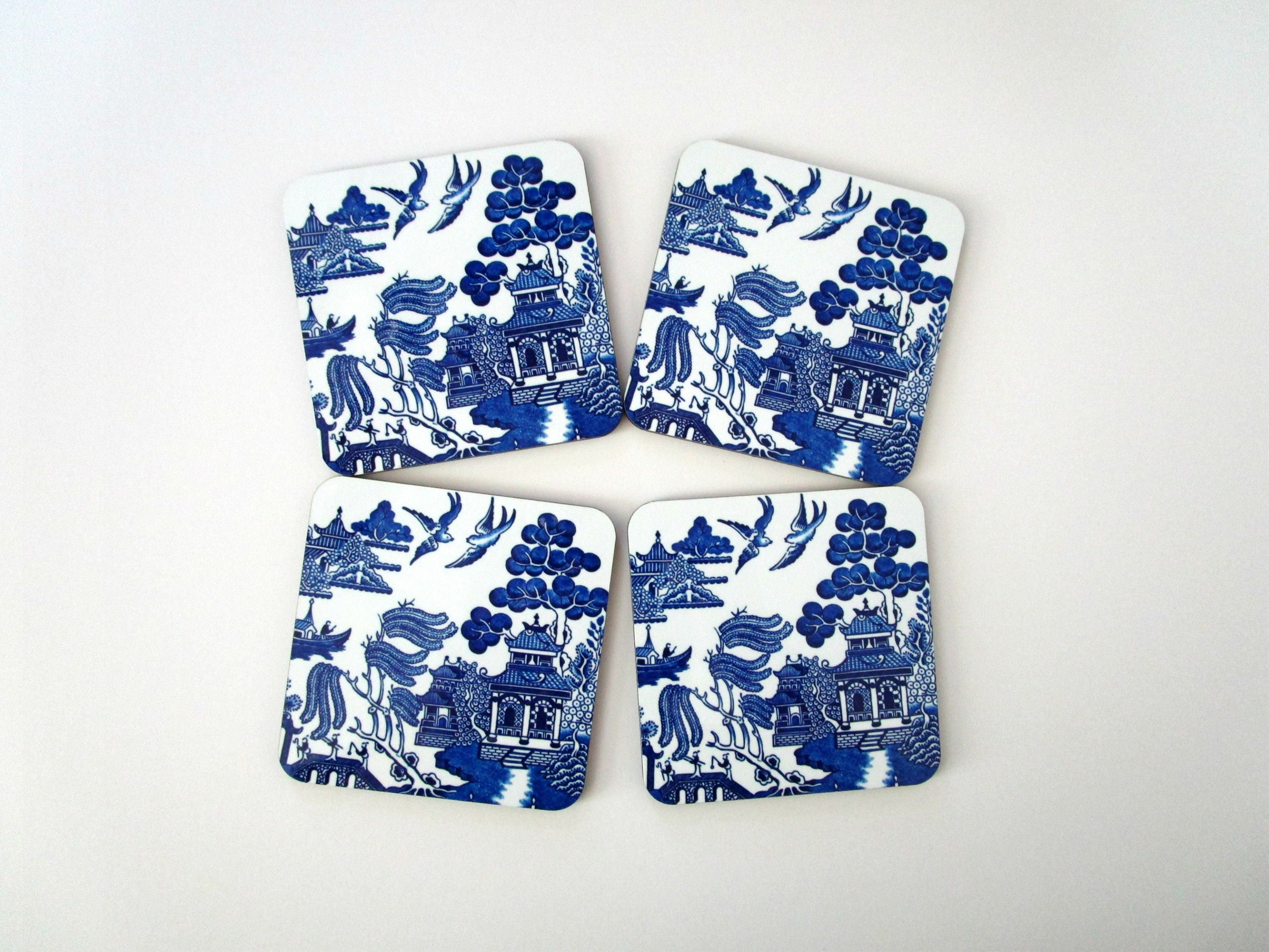 Blue Willow Coaster Set Vintage Style Drink Coasters Blue
