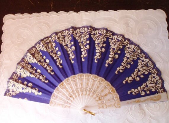 Royal Blue Folding Hand Fan with White Cascades and Glitter