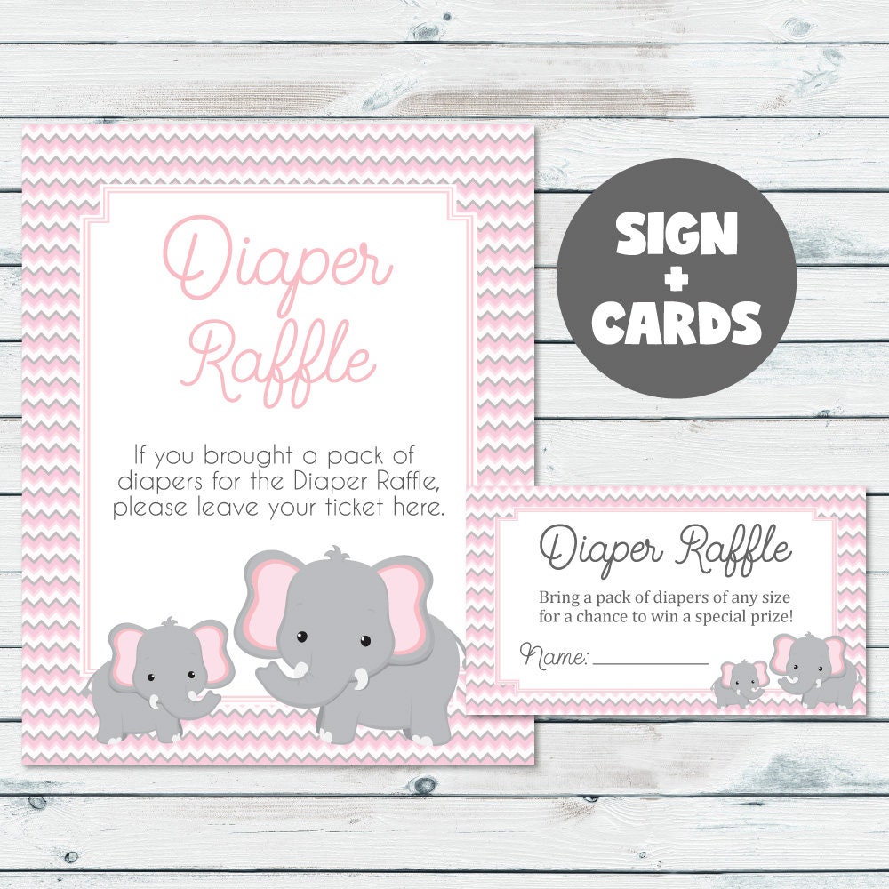 Elephant Baby Shower Diaper Raffle Tickets And Sign Pink And