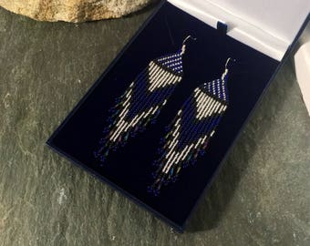 Peacock earrings Extra Long fringe earrings Beaded earrings