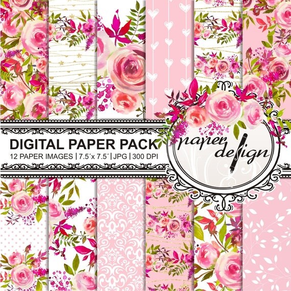 Shabby chic rose Digital paper-Watercolor scrapbooking-Paper