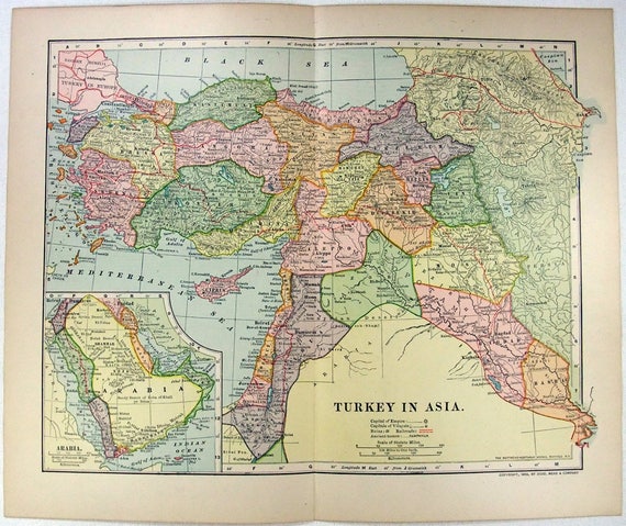 Original 1903 Map of Turkey in Asia including Yemen Aden