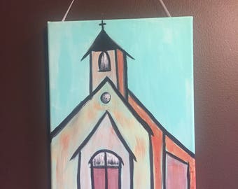 intarsia country church with stain glass
