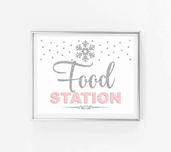 Food station printable sign pink and silver glitter winter