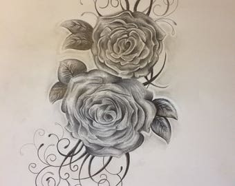 Items similar to Original colored pencil rose drawing on watercolor ...