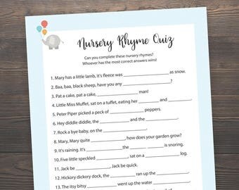 Elephant Nursery Rhyme Quiz Baby Shower Game Blue Elephant