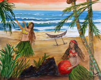 Vintage Metal Wind Up Hula Dancers Music Box