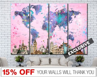 Pink world map | Etsy