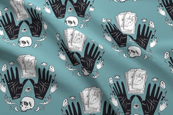 Spooky Fabric Curses And Spells Damask Black And Blue By