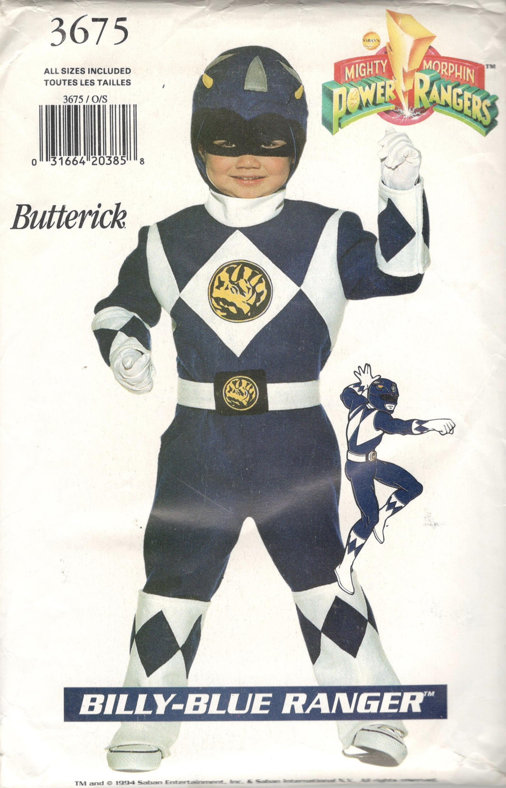 Butterick 3675 Billy Blue POWER RANGER Costume Pattern Boys