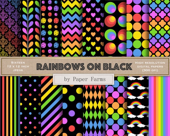 Rainbow digital paper black and rainbow scrapbook paper
