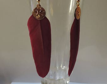 Leather Feather Earrings Bright Red. Bohemian jewelry.