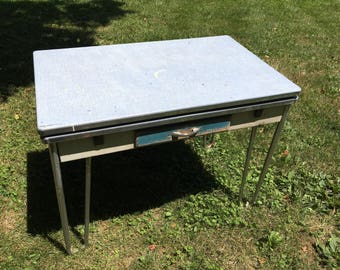 Vintage 1940s Blue Enamel Kitchen Table Drop Leaf with