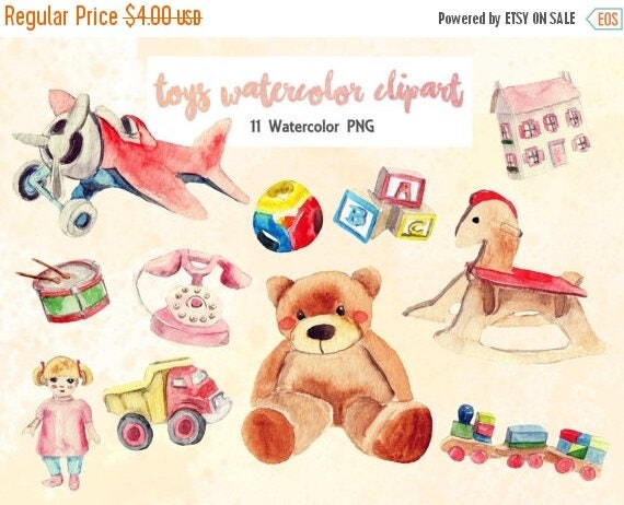 50% Off Toys Baby Clipart Watercolor 11 PNG Digital Download