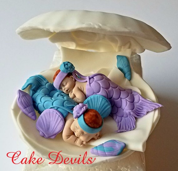 Twins Mermaid Baby Shower, Twin Fondant Mermaids in a Clam shell Cake ...