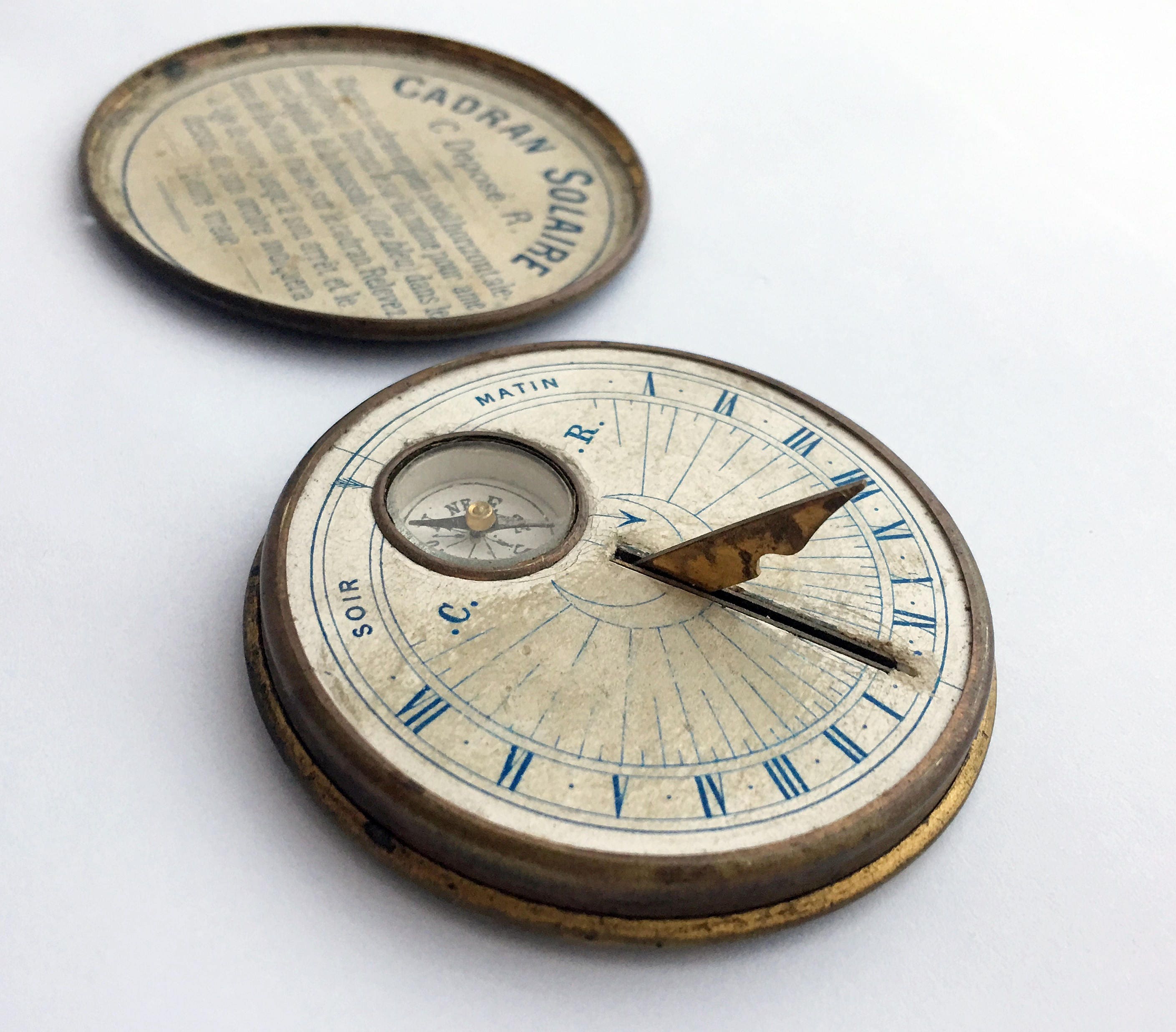 Rare Antique French Pocket Sundial & Compass