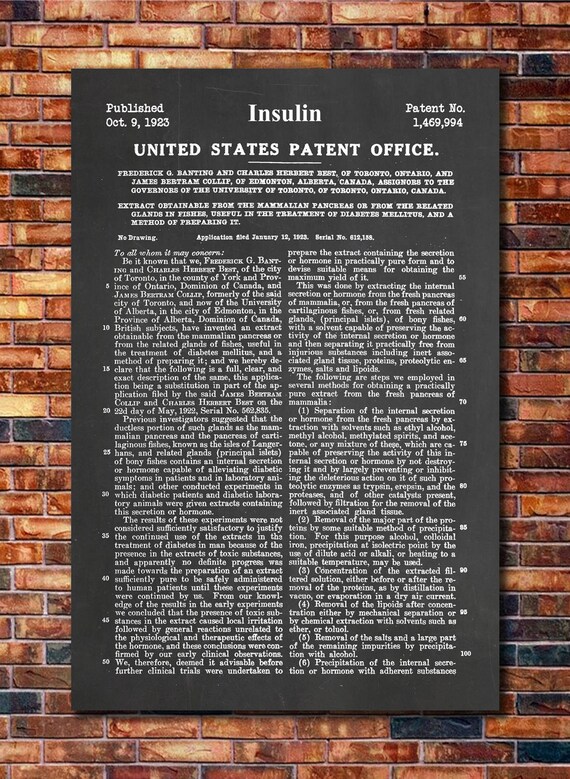Insulin Patent Print Art 1923