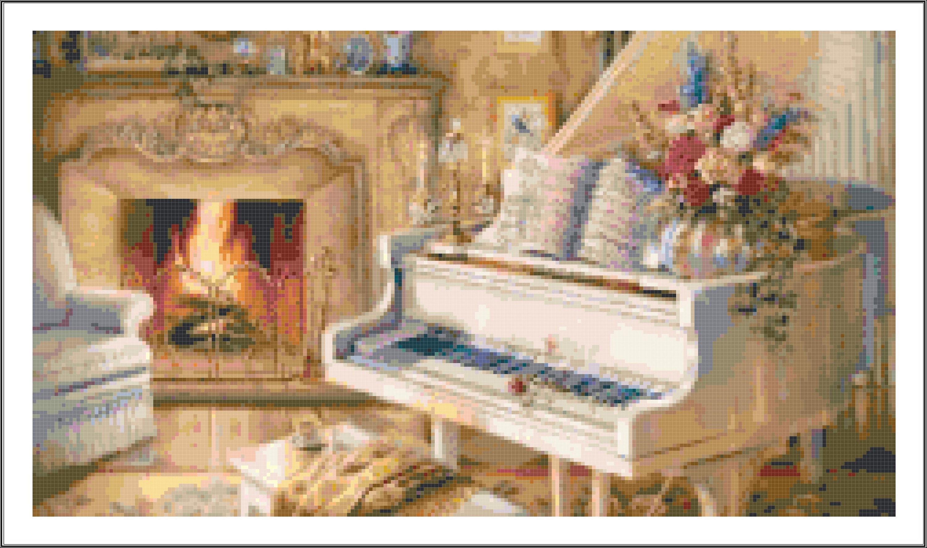 Fireside Piano Cross Stitch PDF Needlework Pattern DIY