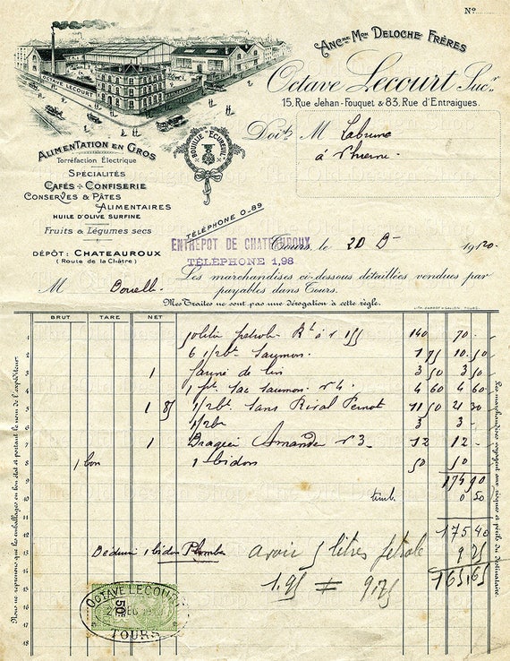 Antique French Invoice Vintage Ephemera Receipt Dec 1920 Digital ...