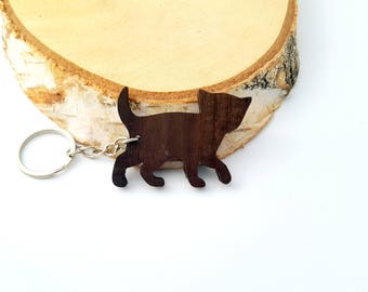 Wooden Cat Keychain Walnut Wood Animal Keychain