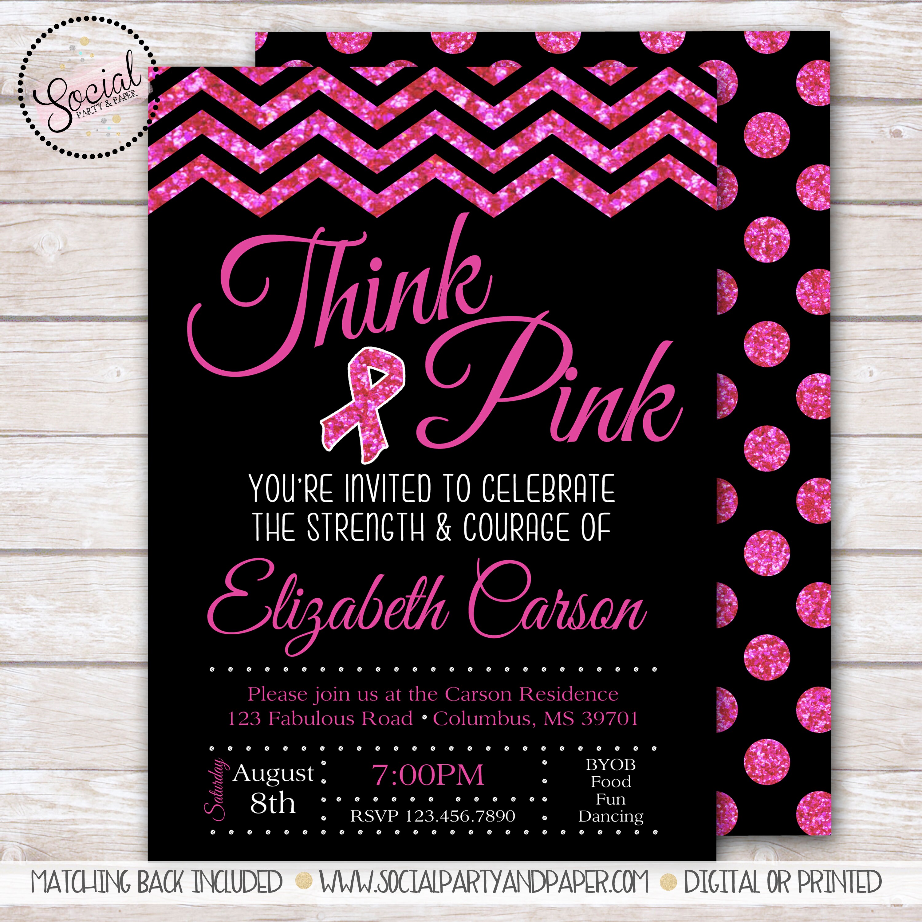 Think Pink Breast Cancer Awareness Party Invitation DIGITAL OR